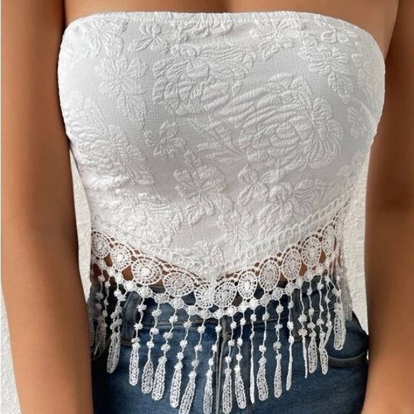 Tops | Jacquard Lace Fringe Hem Tie Back Crop Tube Top | Poshmark